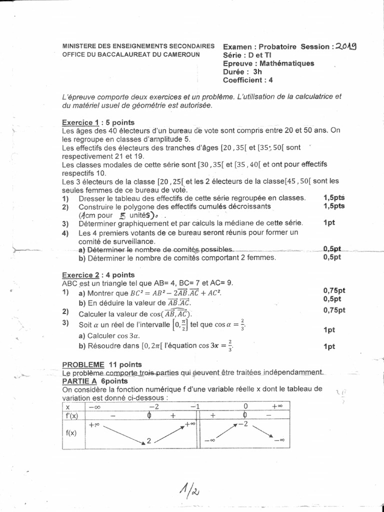 Mathématiques Probatoire D 2019 | PDF