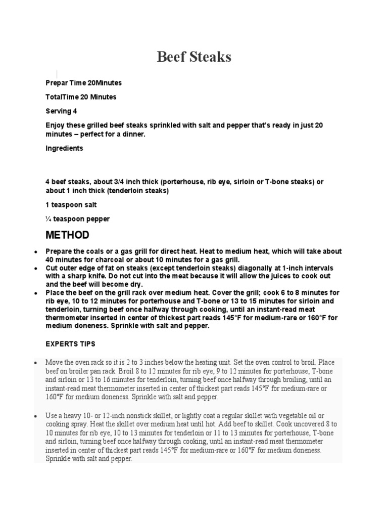 Beef Steaks: Method | PDF | Grilling | Steak