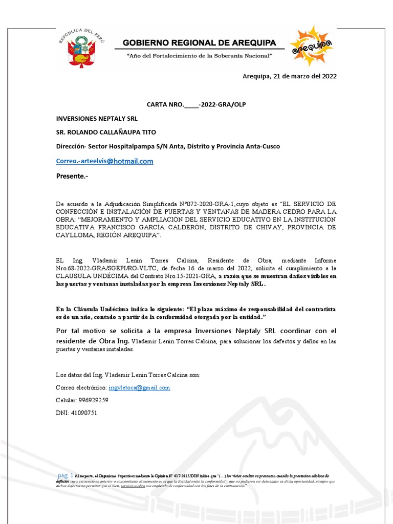 Carta de Vicios Ocultos | PDF