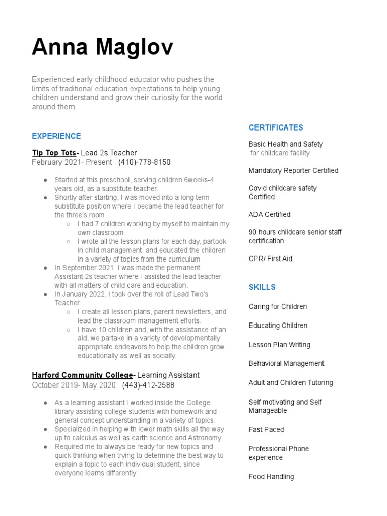 Resume RH 4 | PDF | Teachers | Child Care