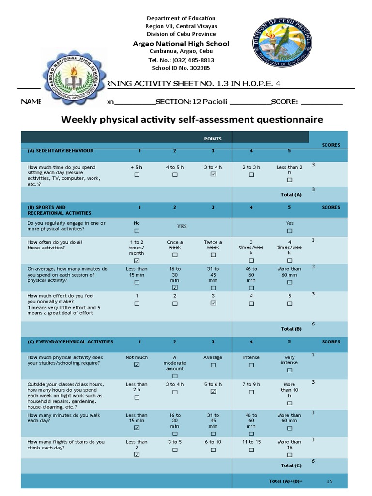 Weekly Physical Activity Self-Assessment Questionnaire: Argao National ...