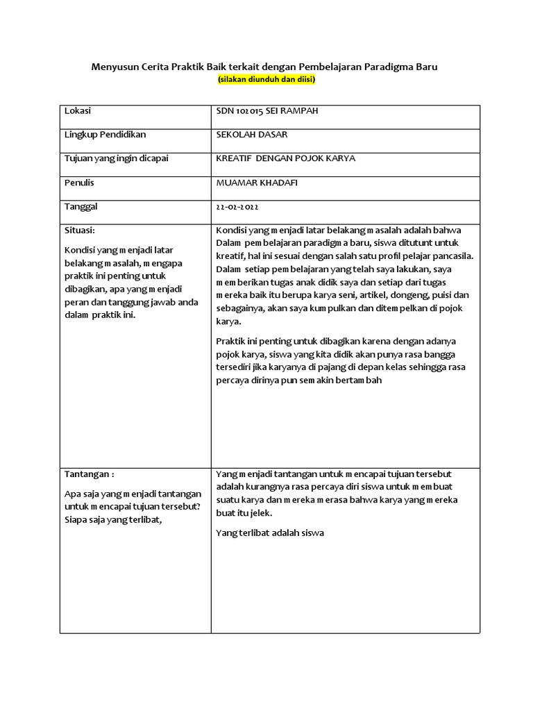 2.lembar Menyusun Kerangka Cerita Praktik Baik 010921 | PDF