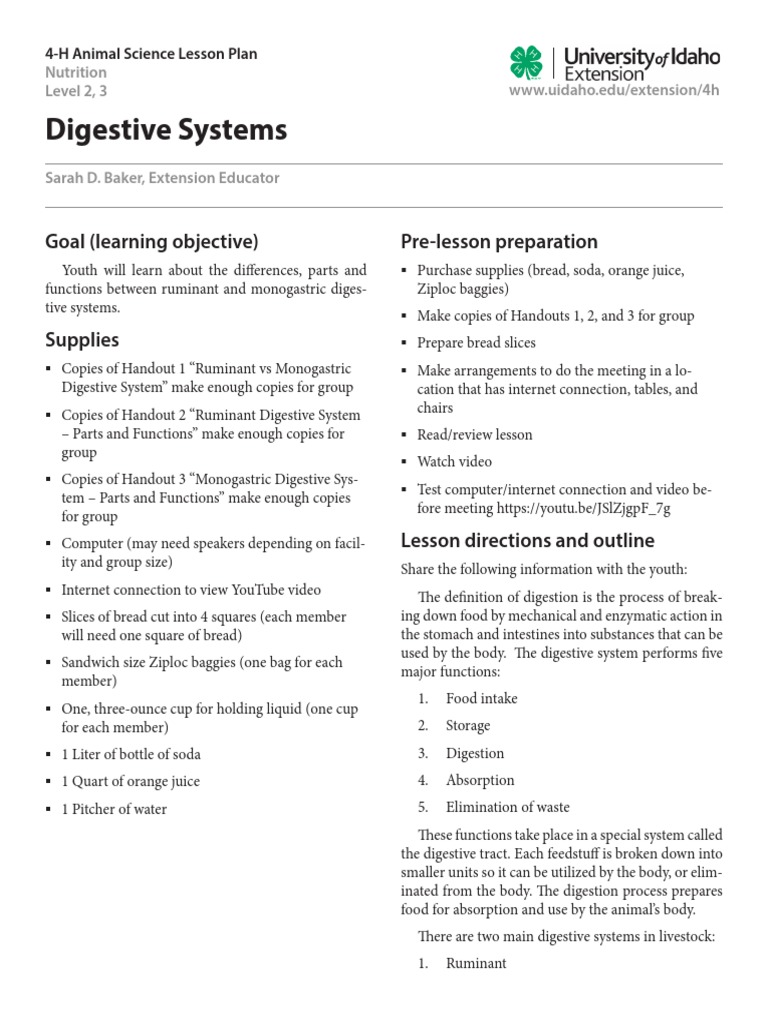 Digestive Systems: Goal (Learning Objective) Pre-Lesson Preparation ...