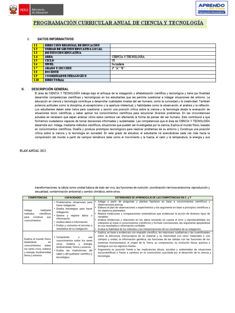 PROGRAMACION ANUAL CyT 3RO | PDF | Aprendizaje | Importar