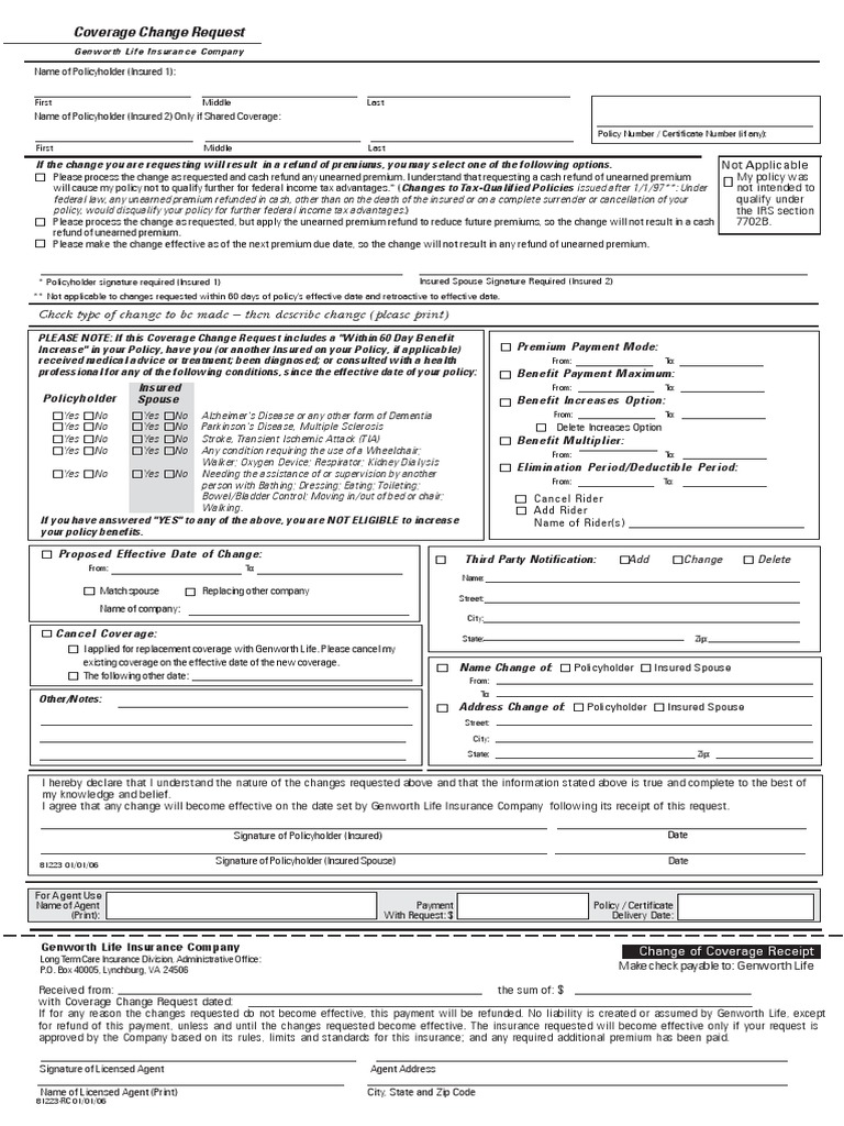 Coverage Change Request Form | PDF | Insurance | Life Insurance