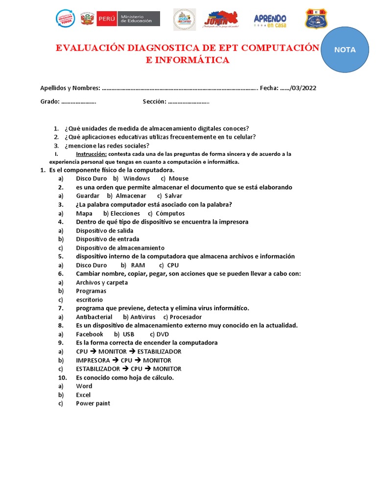 Evaluación Diagnostica de Ept Computación e Informática | PDF