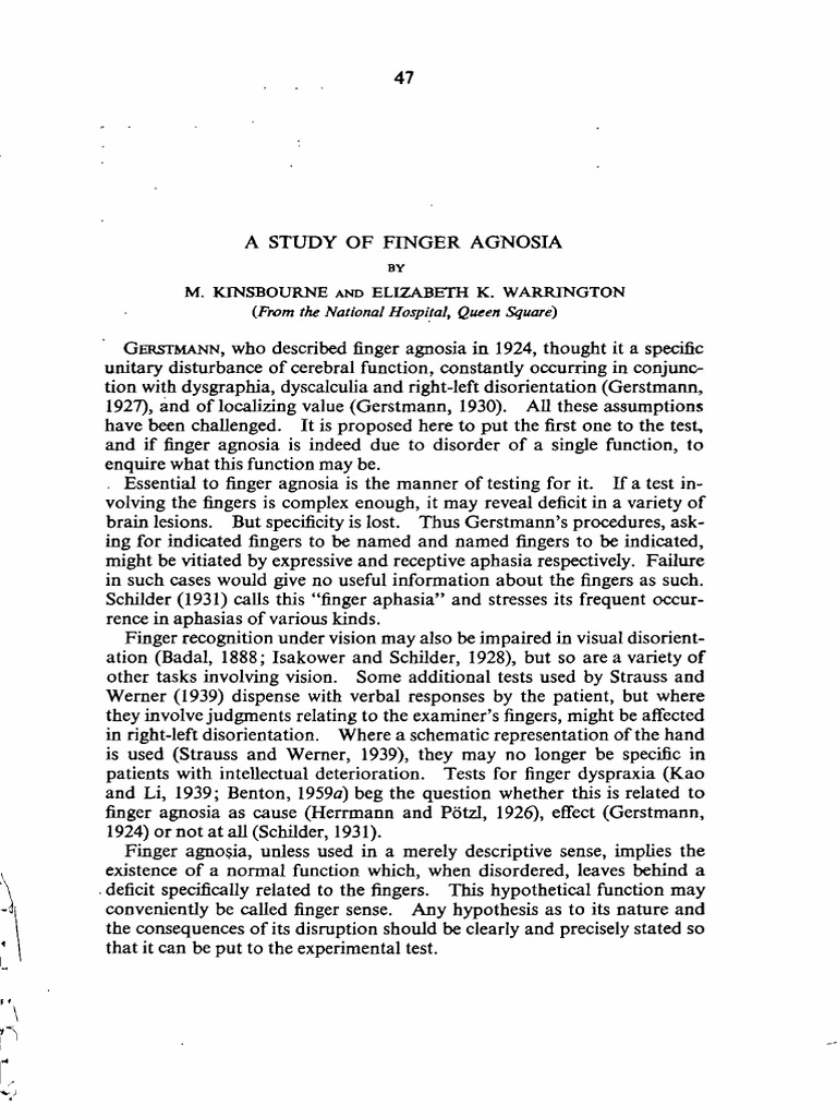 Finger Agnosia: A Neurological Study | PDF | Aphasia | Clinical Medicine