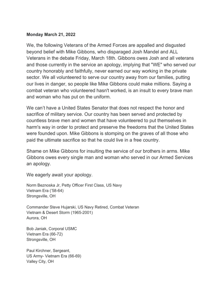 Veterans' Letter | PDF