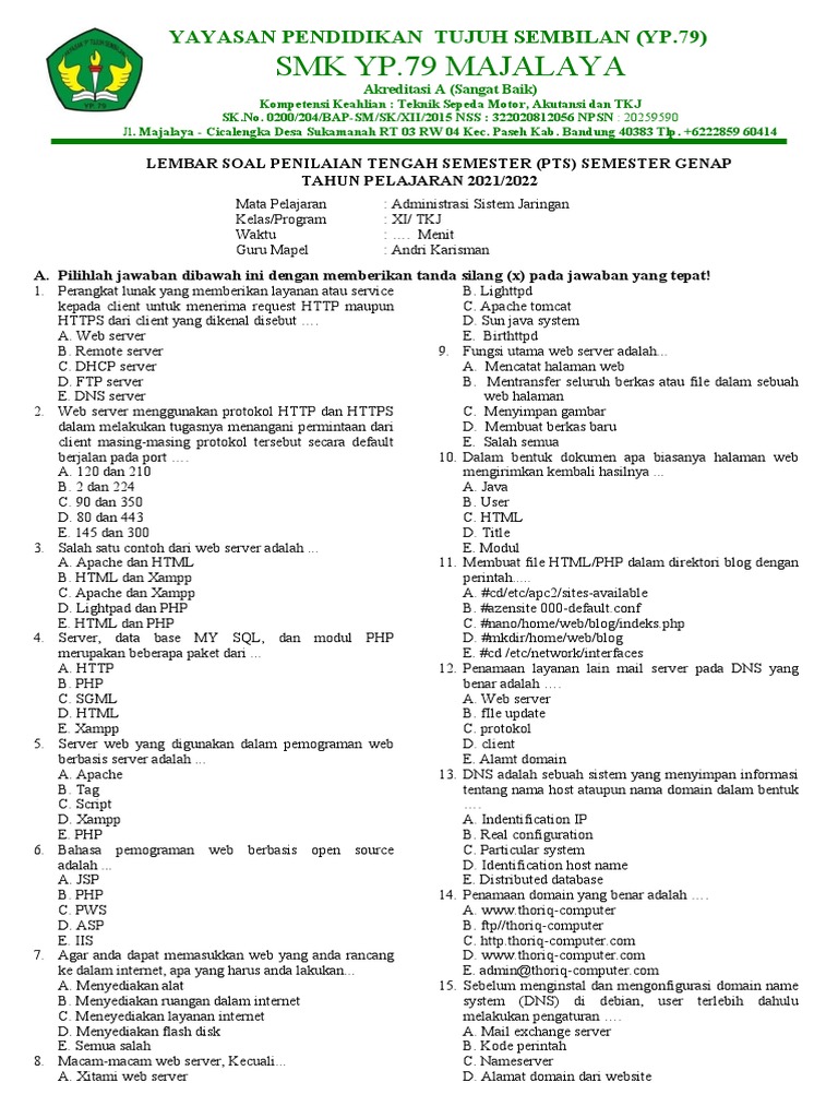 Soal PTS Administrasi Jaringan TKJ XI | PDF