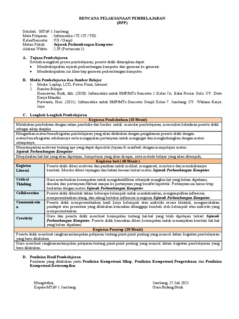 3.1.1 RPP Sejarah Perkembangan Komputer | PDF | Karier & Perkembangan | Seni