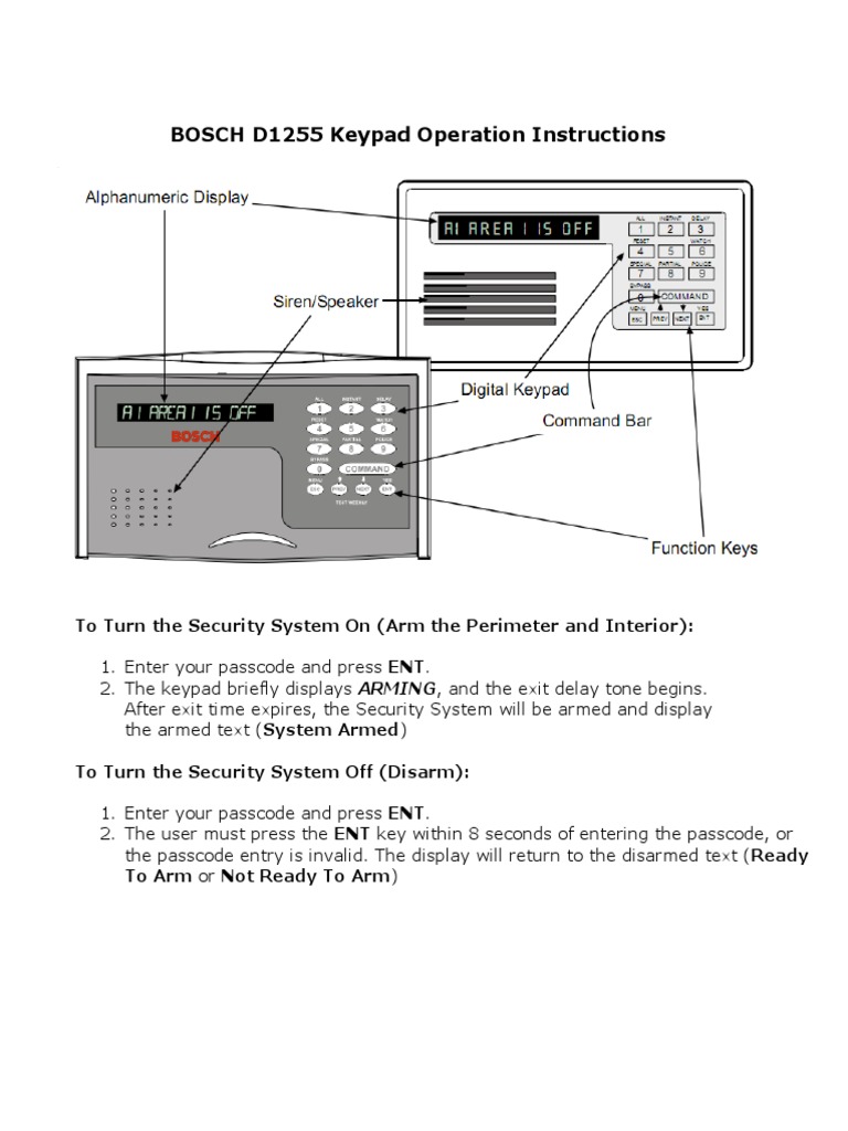 BOSCH D1255 Keypad Operation Instructions: To Turn The Security System ...