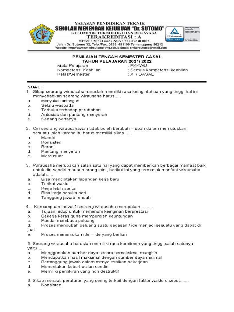 Format Penulisan Soal PTS X, Xi, Xii 2021 | PDF