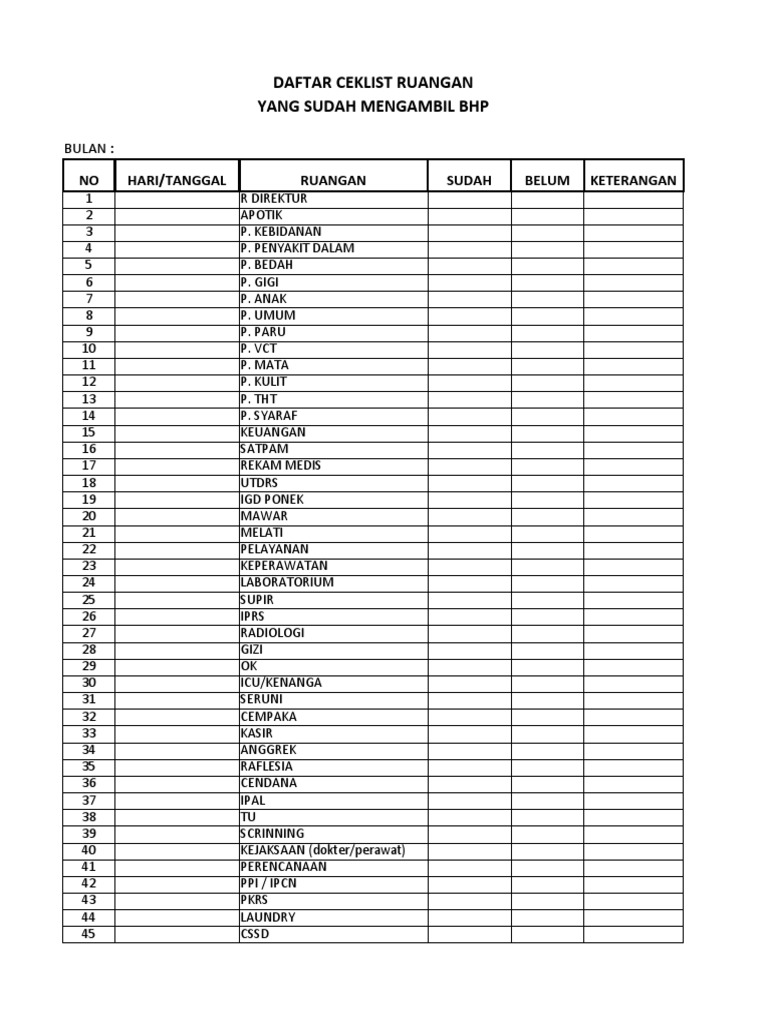 Ceklist Pengambilan BHP Ruangan | PDF