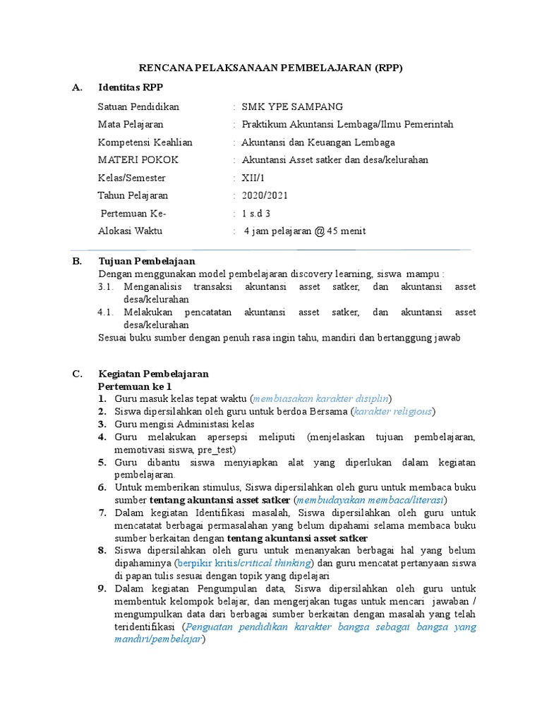 RPP KD 1 - Akuntansi Asset Satker, Desa | PDF | Pengelolaan Keuangan & Uang