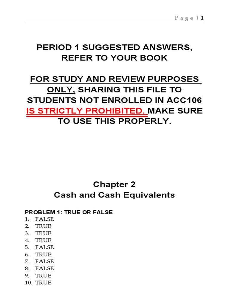 Period 1 Suggested Answers, Refer to Your Book - Chapter 2 Cash and Cash Equivalents Problems ...