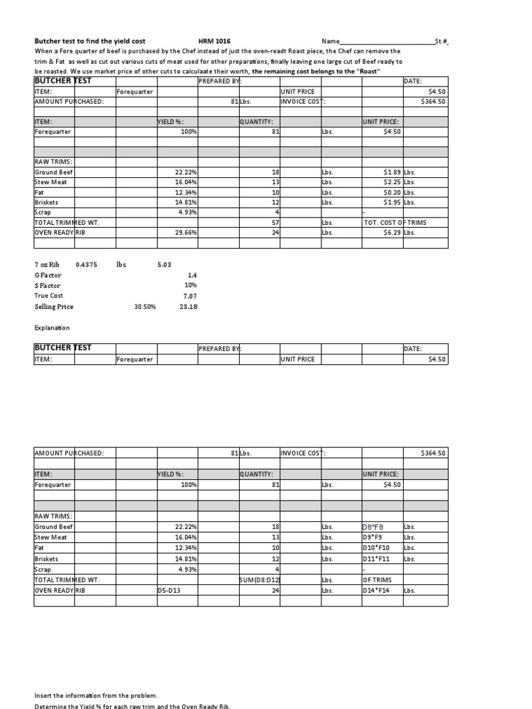 Butcher Test To Find The Yield Cost | PDF | Beef | Roasting