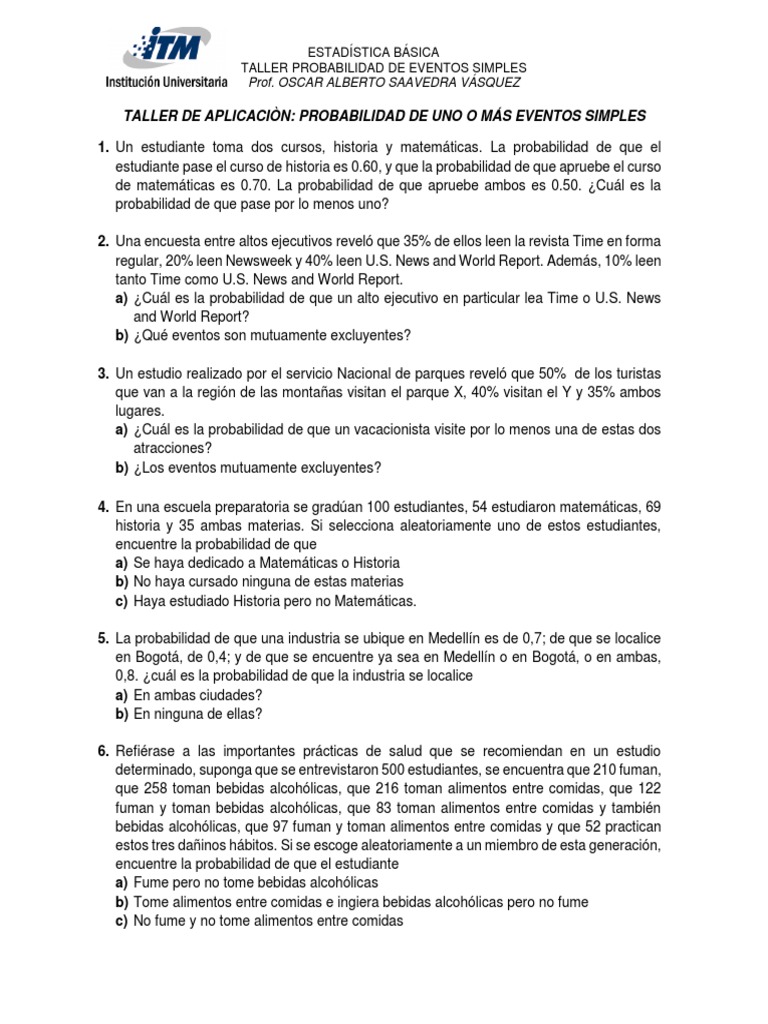 Taller Probabilidad de Eventos Simples | PDF | Probabilidad ...