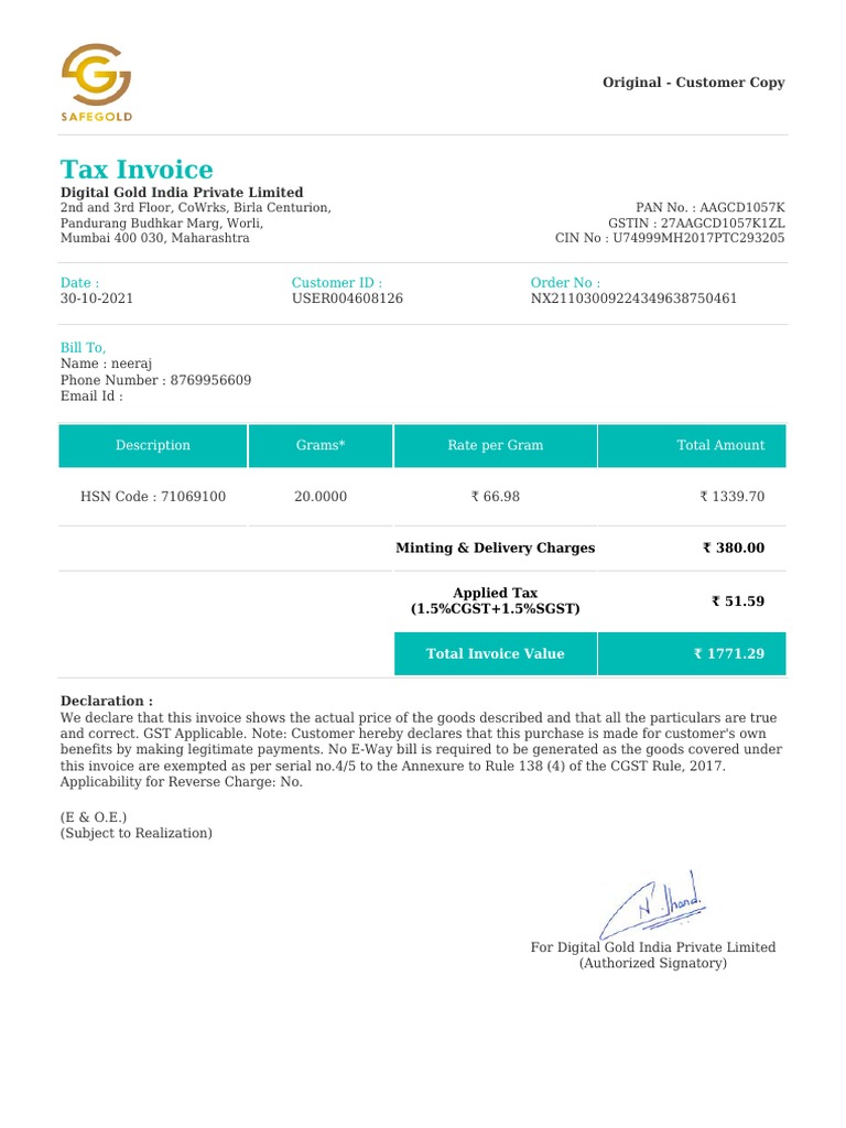 Tax Invoice: Original - Customer | PDF