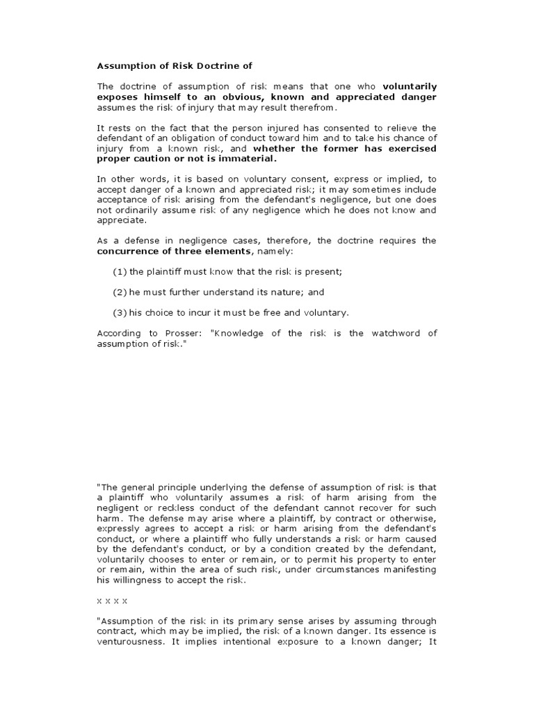 Assumption of Risk Doctrine Explained | PDF | Negligence | Risk