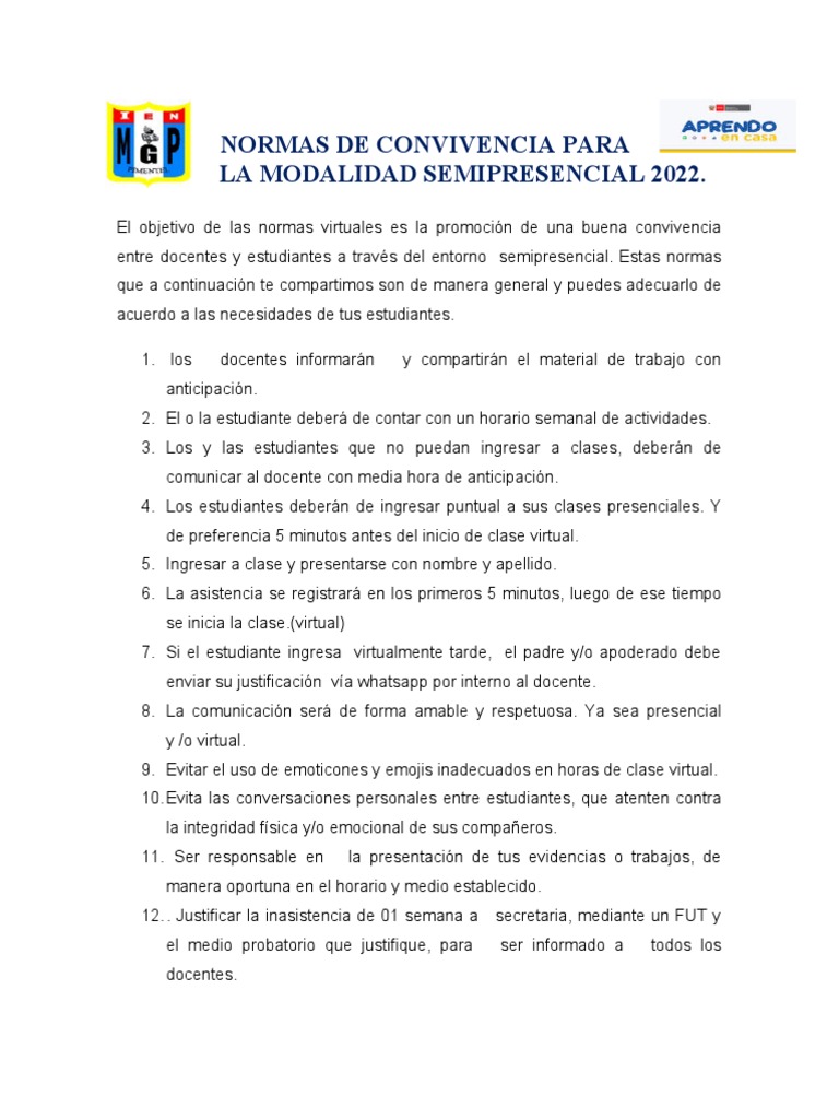 Normas de Convivencia para Las Clases Virtuales 2022 | PDF ...