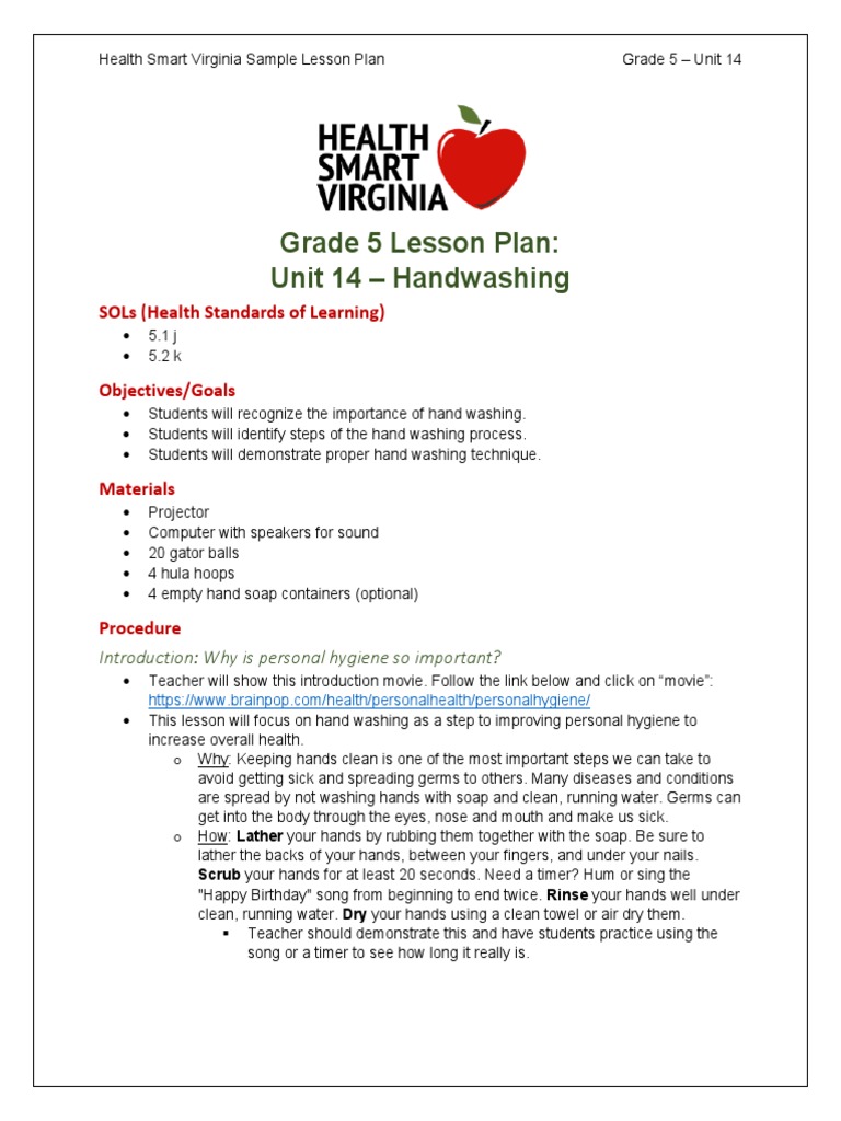 Grade 5 Lesson Plan: Unit 14 - Handwashing: Sols (Health Standards of ...