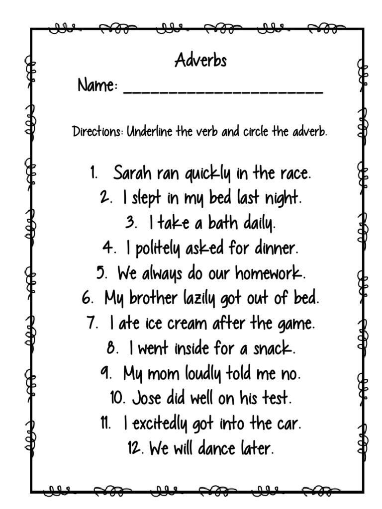 Directions: Underline The Verb and Circle The Adverb | PDF