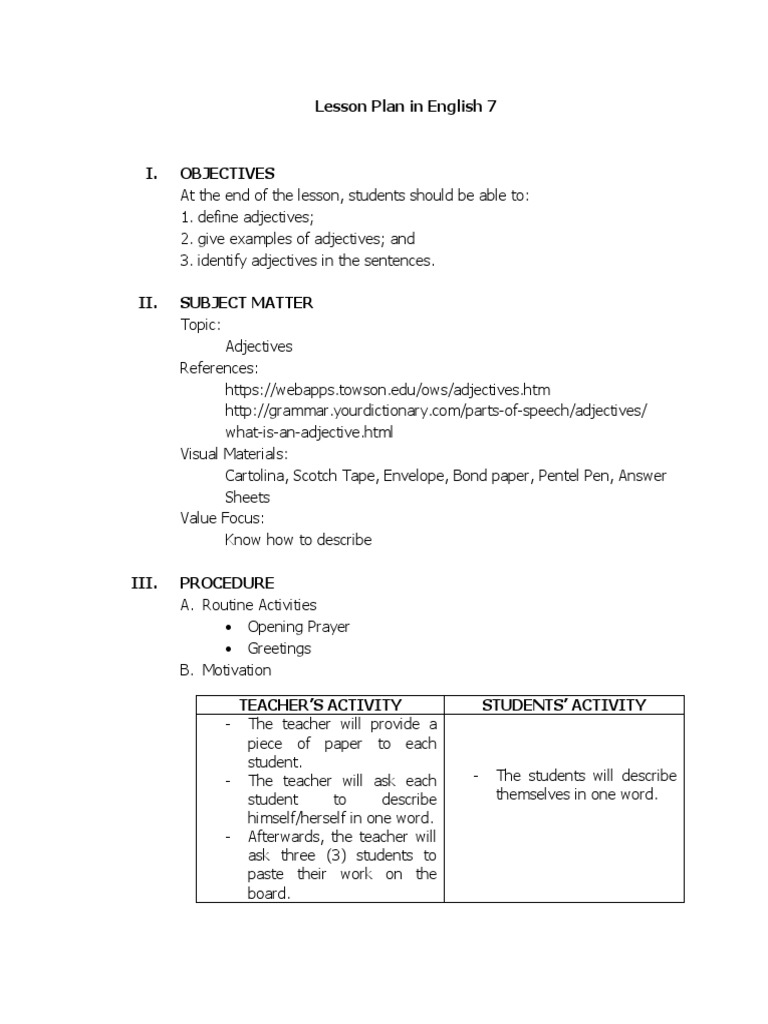 Lesson Plan - Adjectives Sept 6 | PDF | Adjective | Noun