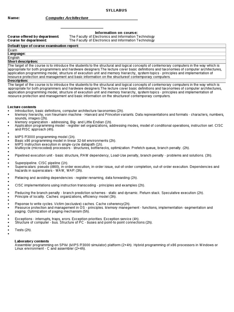 Computer Architecture Syllabus | PDF | Cpu Cache | Integrated Circuit