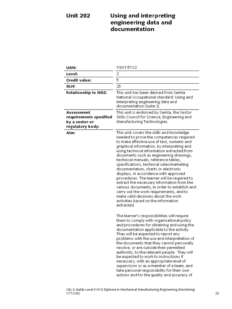 Unit 202 Using and Interpreting Engineering Data and Documentation ...