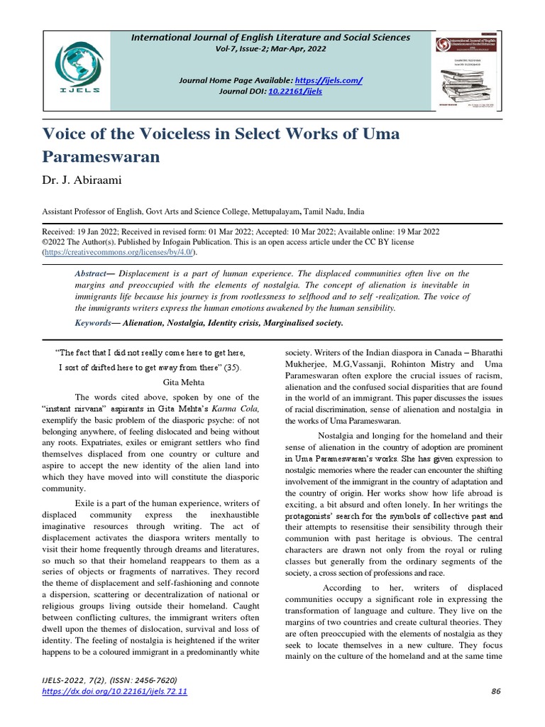 Voice of The Voiceless in Select Works of Uma Parameswaran | PDF ...