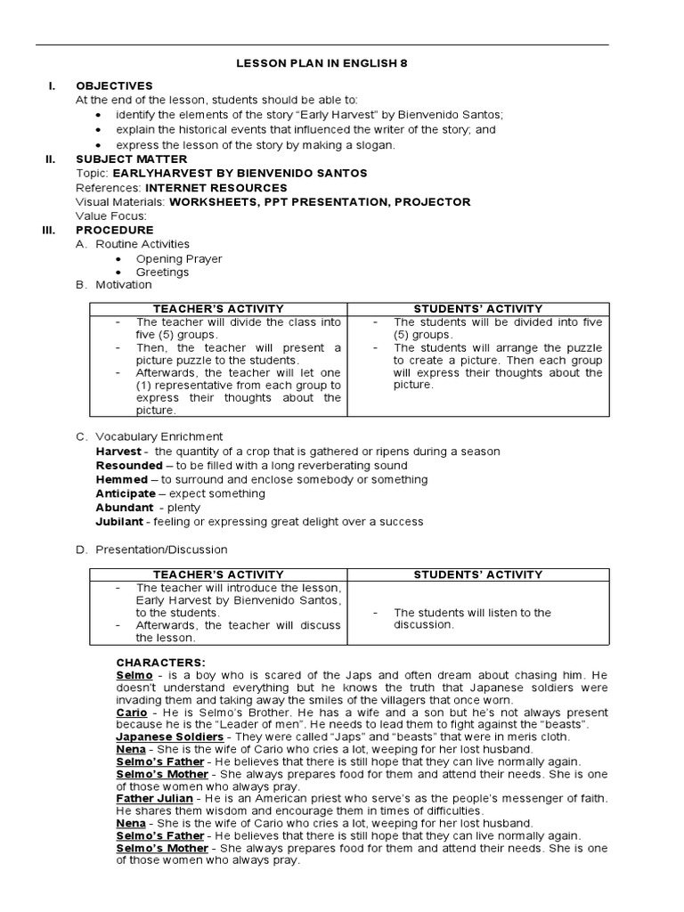 Lesson Plan in English 8 | PDF | Lesson Plan