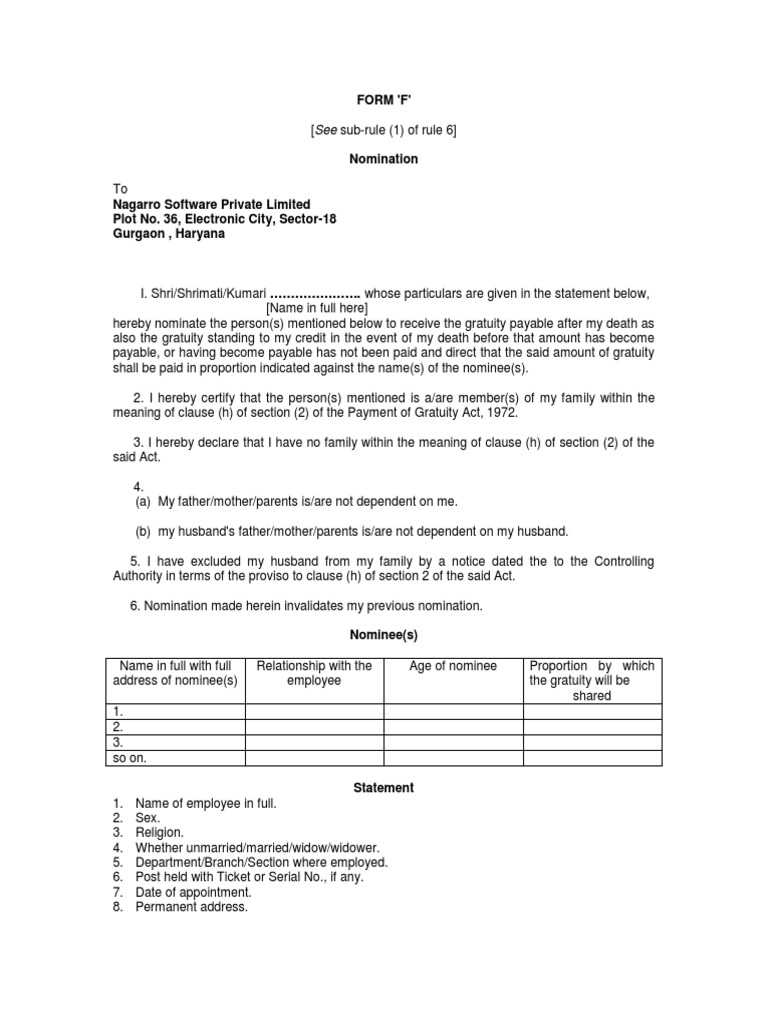 Form F - Gratuity Nomination Form | PDF | Justice | Crime & Violence