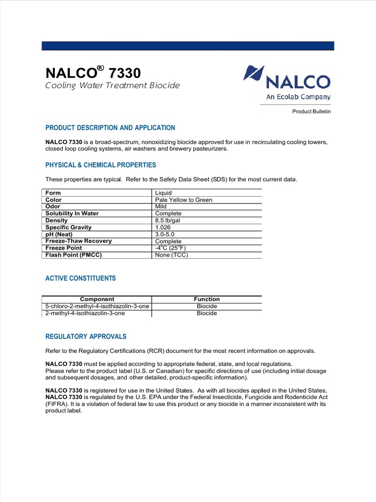 NALCO 7330: C Ooling Water Treatment Biocide | PDF | Chemistry | Materials