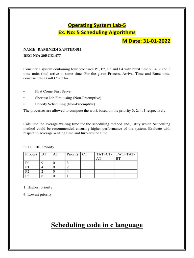 Operating System Lab-5 Ex. No: 5 Scheduling Algorithms M Date: 31-01-2022 | Download Free PDF ...