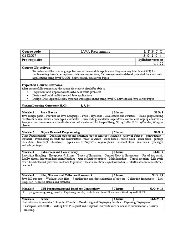 CSE1007 - JavaProgramming Syllabus | PDF | Java (Programming Language ... CSE1007 - JavaProgramming Syllabus | PDF | Java (Programming Language ...