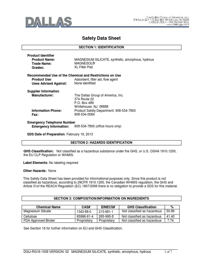 MSDS v.02 Magnesol XL Filter Pad Original | PDF | Toxicity | Personal ...