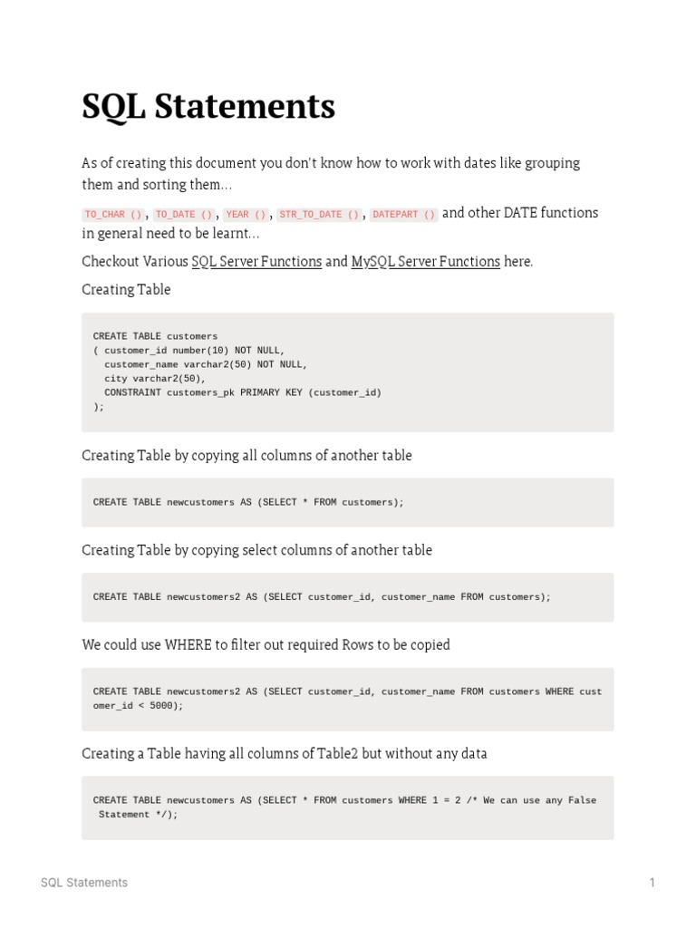SQL Statements | PDF | Table (Database) | Computer Programming