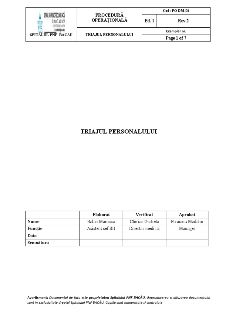 Protocol - COVID19 - TRIAJUL PERSONALULUI Rev.1 | PDF
