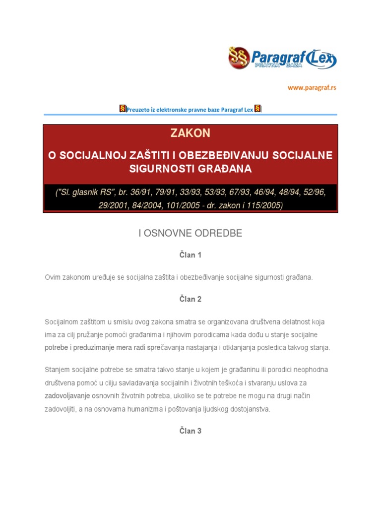 Zakon o Socijalnoj Zastiti I Obezbedjivanju Socijalne Sigurnosti Gradjana | PDF