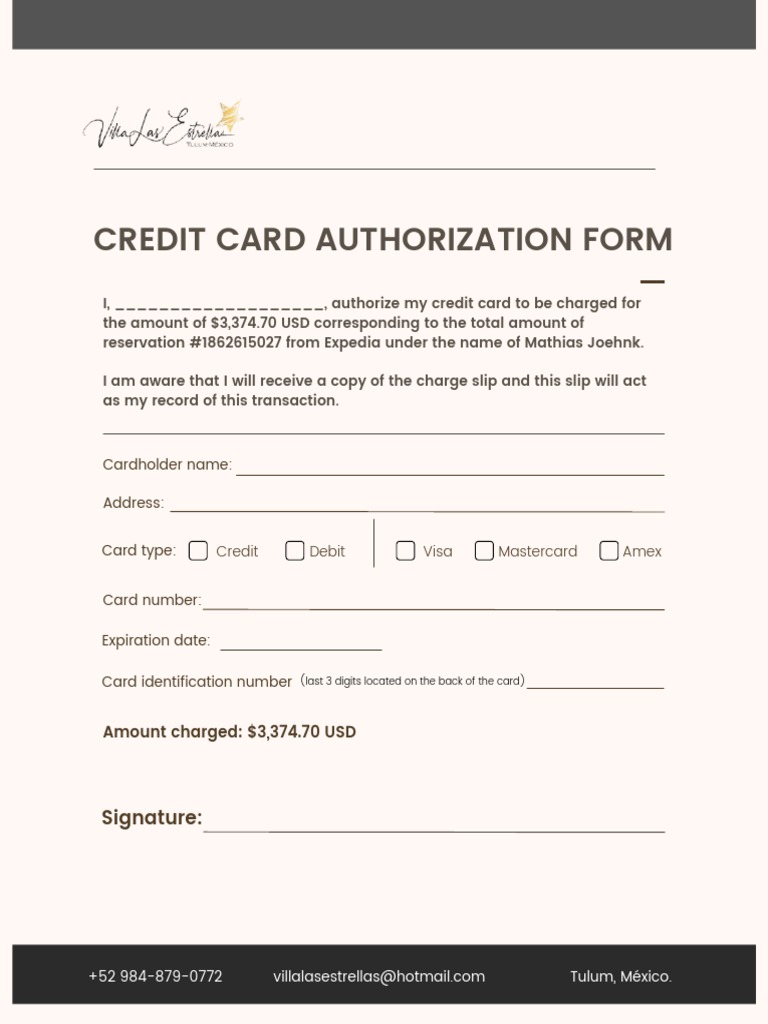 Credit Card Authorization Form: Signature | PDF