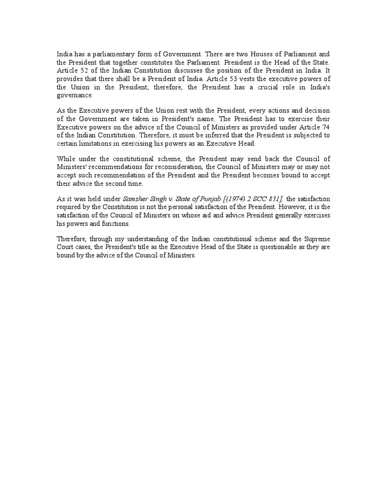 Position of The President Under Constitution | PDF