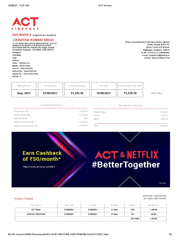 ACT Invoice August | PDF | Invoice | Government Finances
