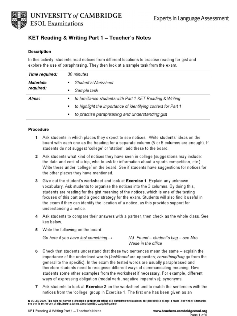 Ket Reading Writing Part 1 | Worksheet | Question
