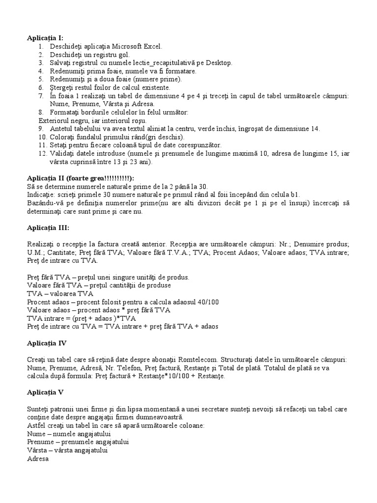 Aplicatii Excel | PDF