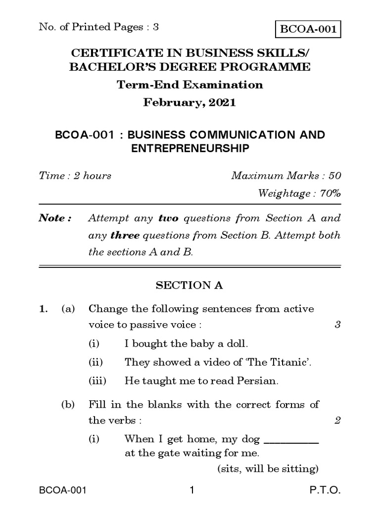 Certificate in Business Skills/ Bachelor'S Degree Programme Term-End ... Certificate in Business Skills/ Bachelor'S Degree Programme Term-End ...