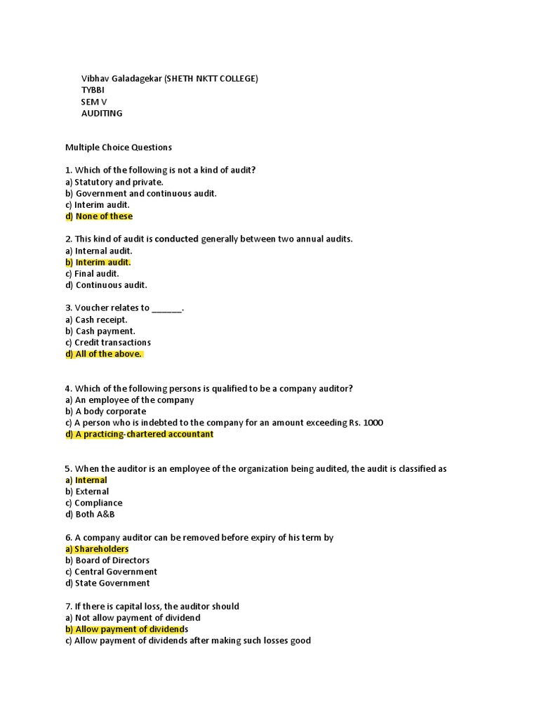 Auditing MCQ'S Answers | PDF | Audit | Financial Audit Auditing MCQ'S Answers | PDF | Audit | Financial Audit