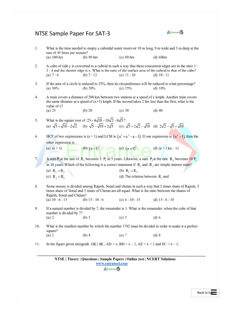 3.NTSE SAT Sample Paper With Solutions - Entrancei | PDF