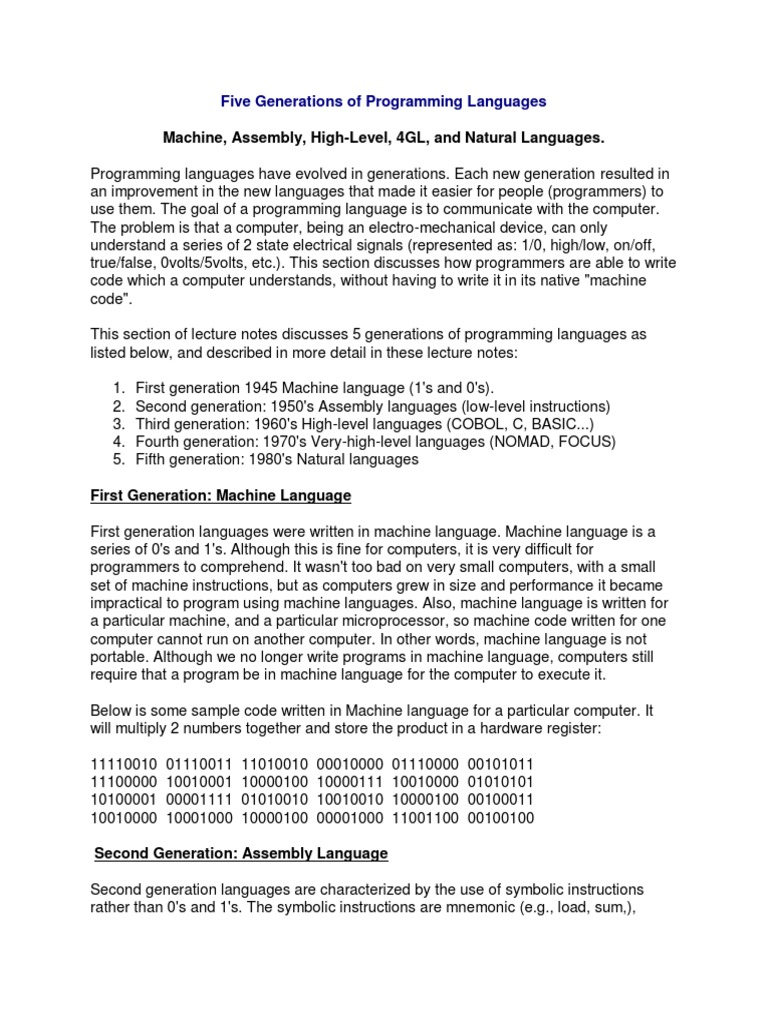 Machine, Assembly, High-Level, 4GL, and Natural Languages.: Five ...