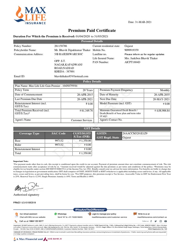 Ageas Federal Premium Paid Certificate | PDF | Insurance | Taxes
