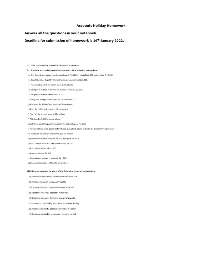Accounts Holiday Homework Grade 9 | PDF